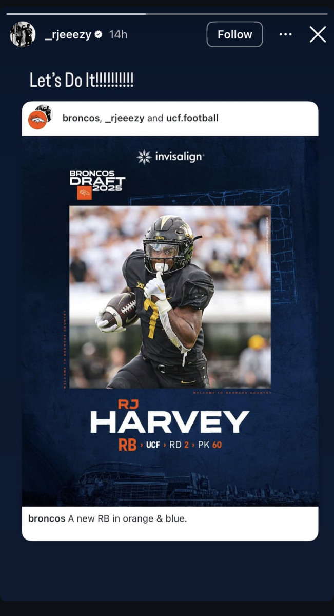 UCF Star RB RJ Harvey Sends Three-Word Message to Broncos - Athlon Sports